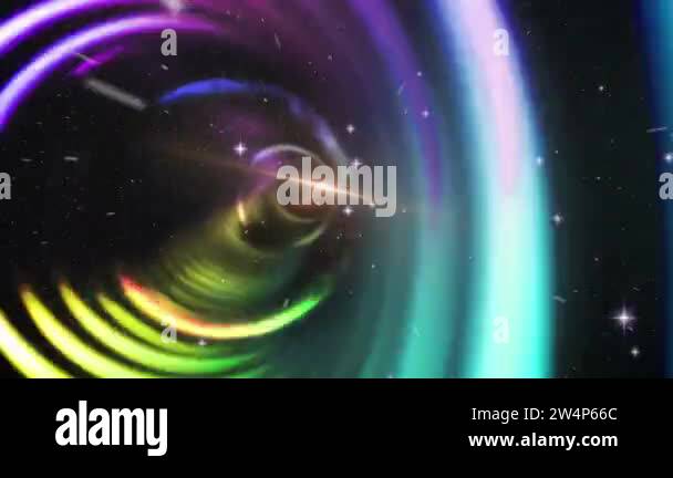 Animation of multiple light trails with glowing rainbow colored spiral ...