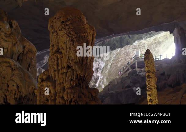 Stalactites inside of the biggest cave in the Halong Bay national park ...