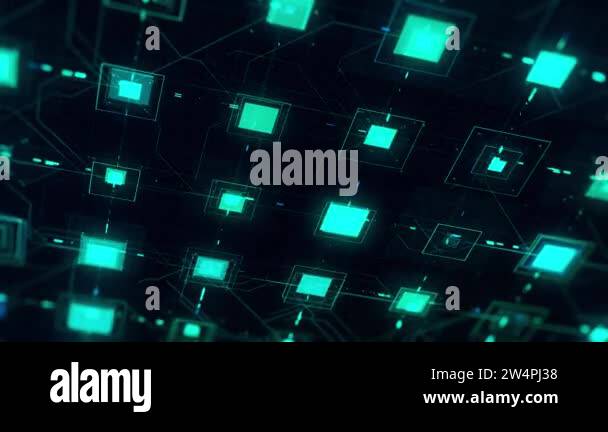 Abstract computer chip or circuit board background. Animation. Blue moving signals on black ...