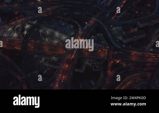 Big Interstate Freeway Connection with Traffic Jam at Night, Aerial ...