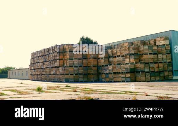 warehouses. stacks of wooden crates for fruit, large boxes for apples ...