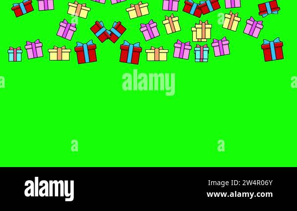 2D animation of falling colorful multicolored gifts boxes on green ...
