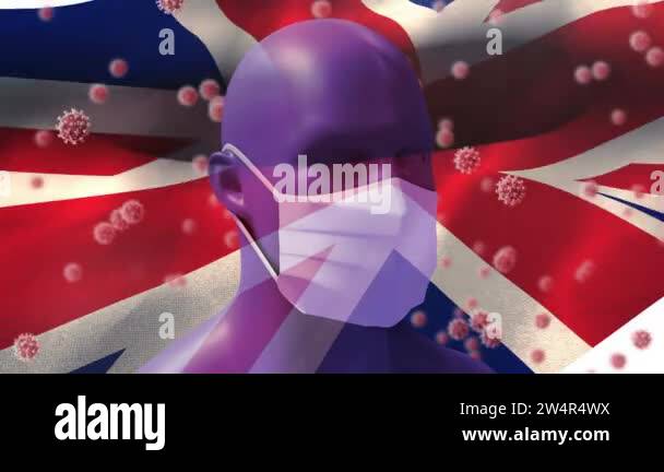 Animation of British flag waving over macro Covid-19 cells floating and ...