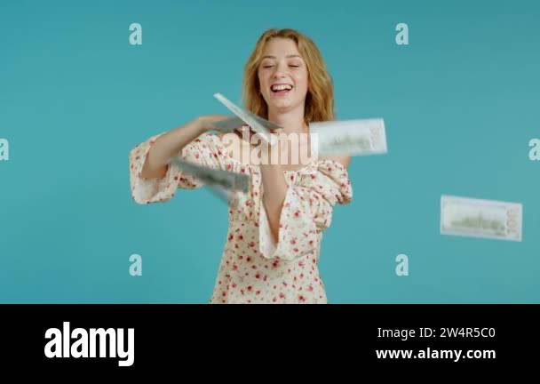 Pretty woman with happy face scatters, waste money. Cute girl with ...