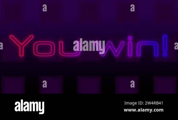 Animation of video game screen with You win! text in flickering neon ...