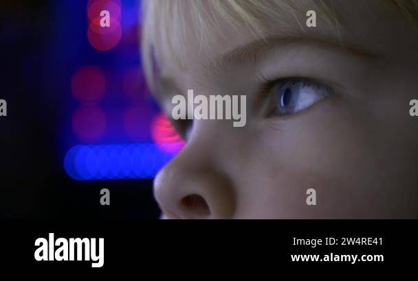Close-up Child Blue Eyes. Reflection Computer Monitor TV Screen ...
