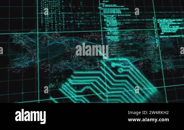 Animation of dna strand, computer circuit board and scientific data processing. global science ...