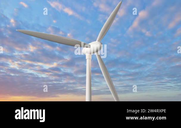 Wind turbine. 4k 3D animation of a wind turbine with a cloudy sun ...
