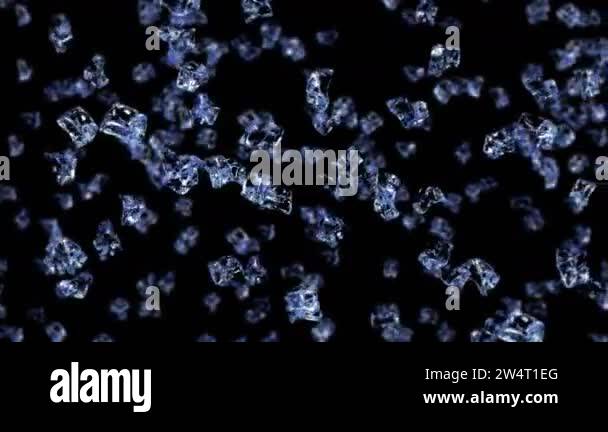 Flying many clean ice cubes on black background. Pieces of crushed ice ...