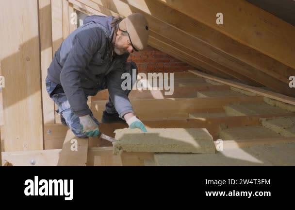 Construction work. Installation of insulation using. Laying of multi ...