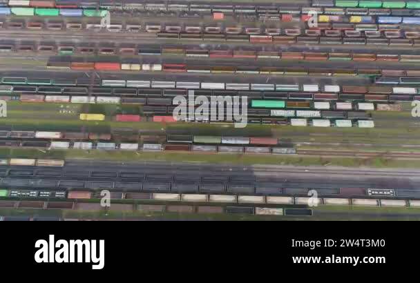 large railway interchange with freight trains top view. Top view of ...