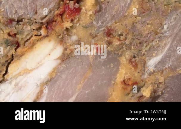 Rotation bulgarian kavarma. The National dish. Slice cooked meat with ...