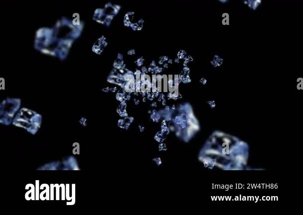 Flying many clean ice cubes on black background. Pieces of crushed ice ...