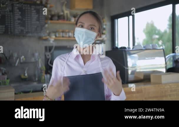 Coffee shop concept of 4k Resolution. The shopkeeper is interviewing in ...