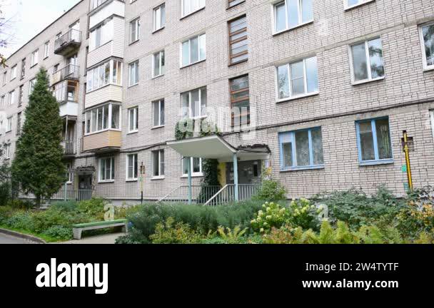 Close up shot of soviet union residential building. Residential ...