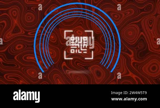 Animation of glowing QR code with blue circle neon elements and red ...