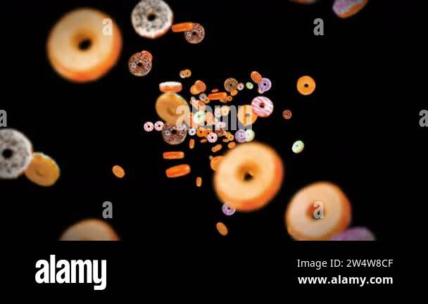 Flying many colorful donuts on black background. Doughnut cake, Sweets ...