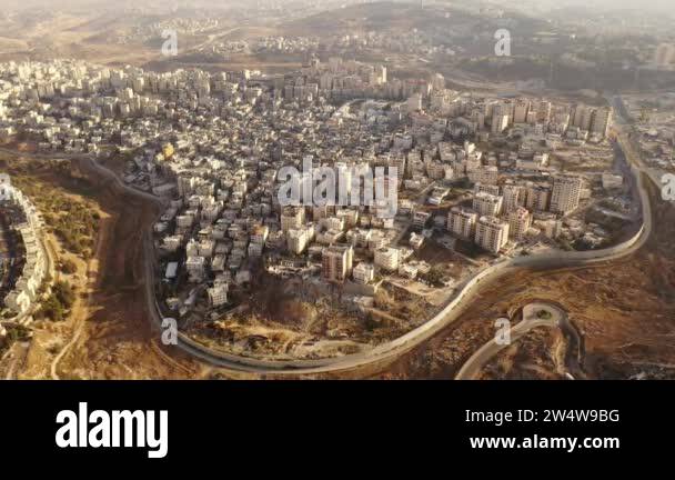 Palestinian refugees Camp Anata Behind security wall Aerial viewclose ...