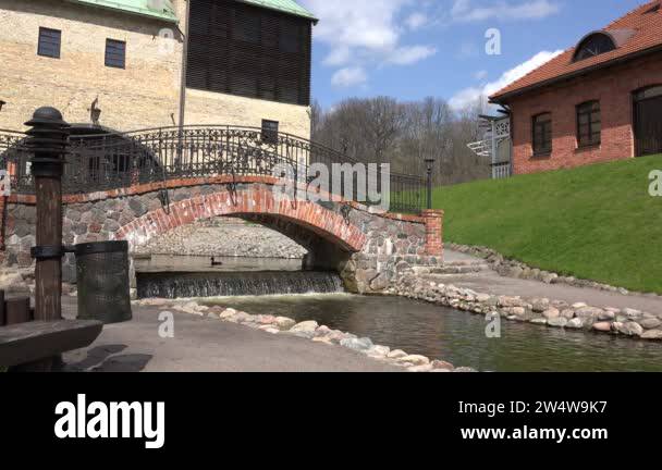 Duck bird swim in flowing river water under bridge arch. 4K Stock Video ...
