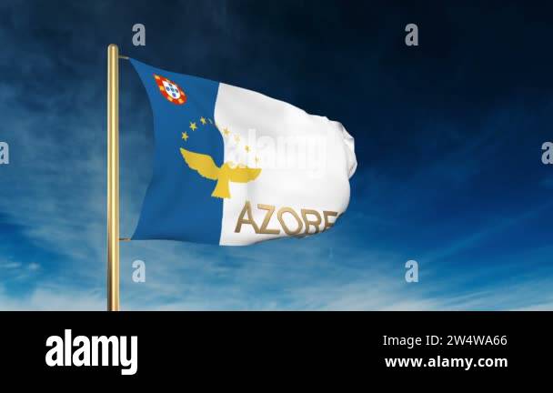 Azores flag slider style with title. Waving in the wind with cloud ...