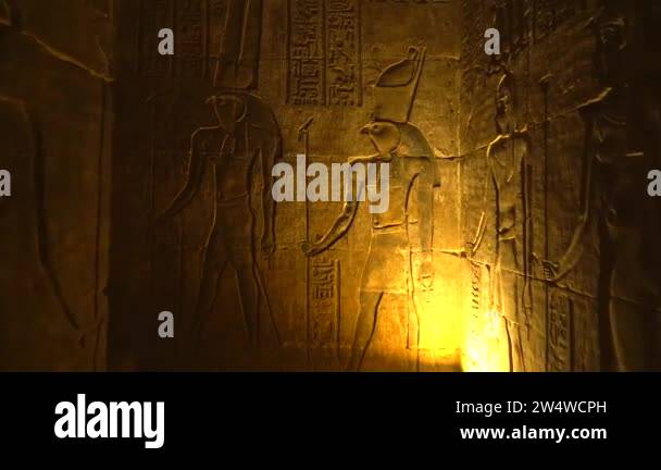 Egyptian-patterned and illuminated tunnels of the Edfu Temple near the ...