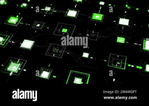 Network with pulsating squares on black background. Animation ...