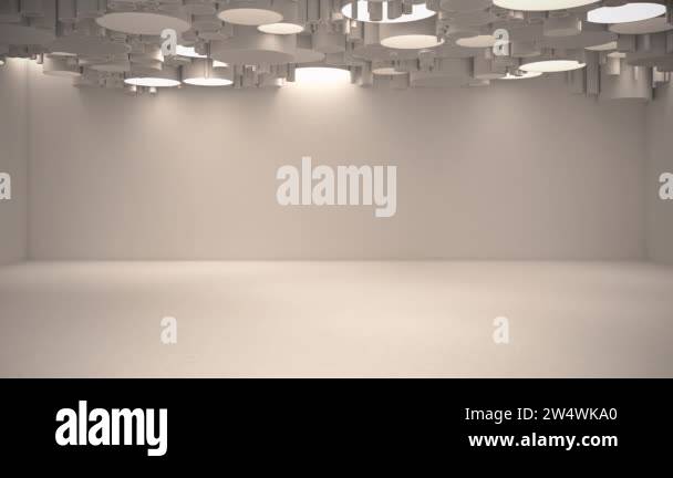 Beige concrete interior with multiple lights turning on and off ...