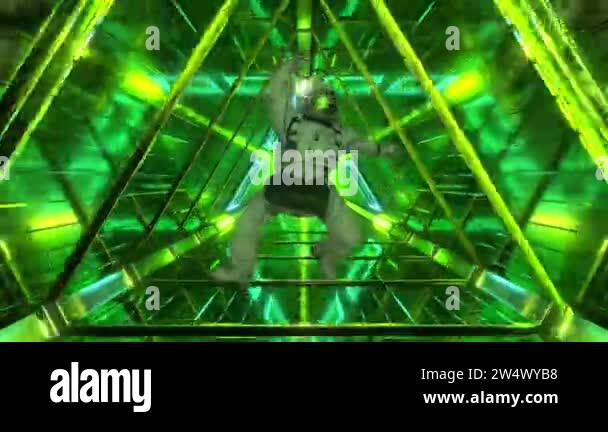 Astronaut falling in the corridor of a spaceship. Sci-Fi futuristic ...