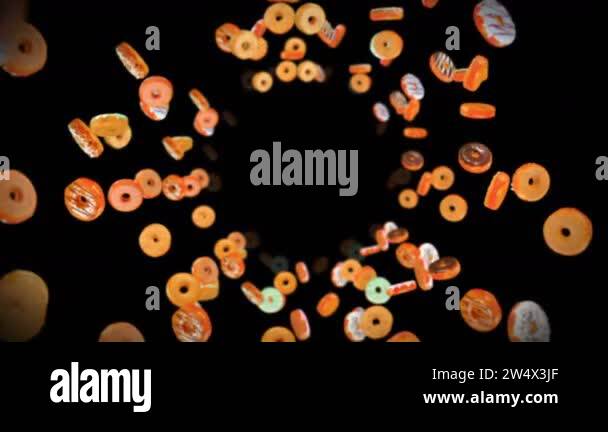 Flying many colorful donuts on black background. Doughnut cake, Sweets ...