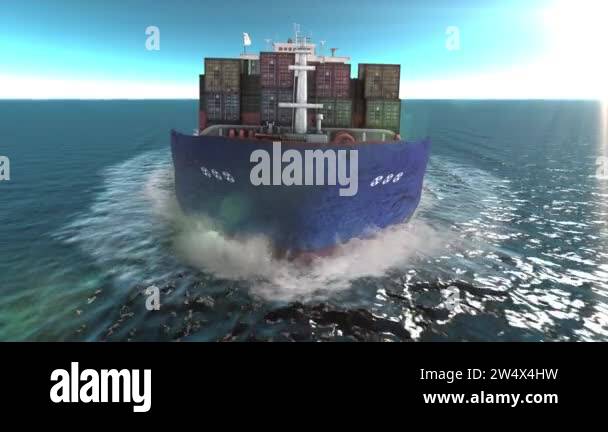 Front view -Cargo ship with containers sailing in the open blue sea ...