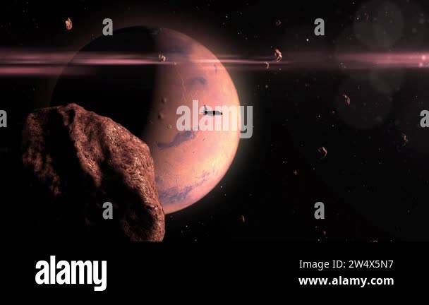 Spaceship Leaving Planet Mars Orbit with Asteroids Realistic cinematic ...