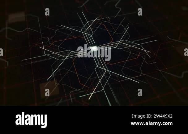 Neon moving lines of computer circuit. Animation. Diagram of neural computer networks moving in ...