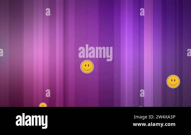 Animation of multiple smiley face emoji icons floating against purple ...