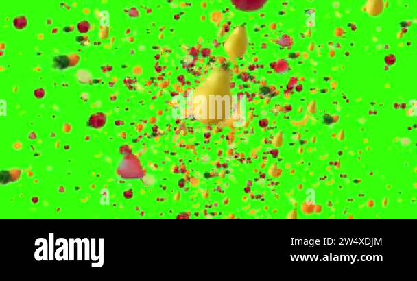 digital fruits flying in vortex on green screen chroma key background ...