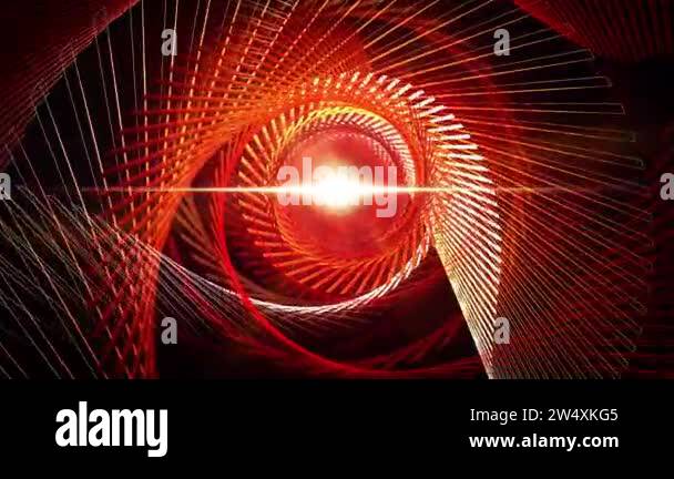 Abstract radiating glow red wire mesh vortex tunnel with center optical ...
