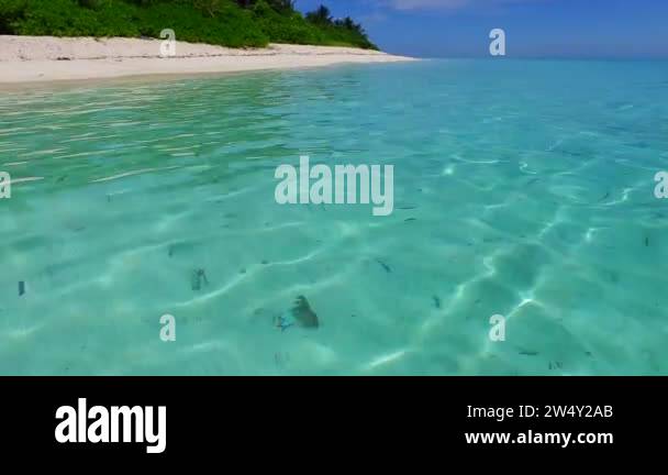 Sunny tourism of perfect bay beach trip by blue green sea with white ...