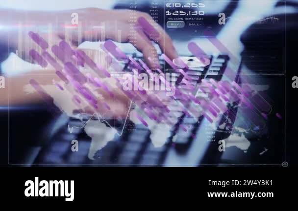 Animation of world map and data processing on interface over hands typing on computer keyboard ...