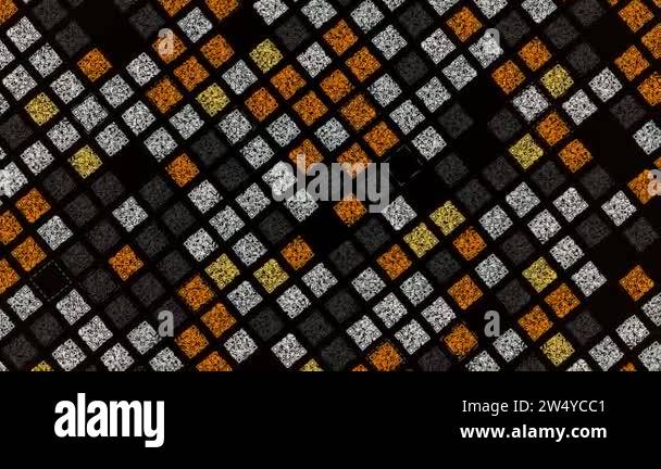 Technological background with parallel rows of orange, yellow, white, and black square shaped QR ...