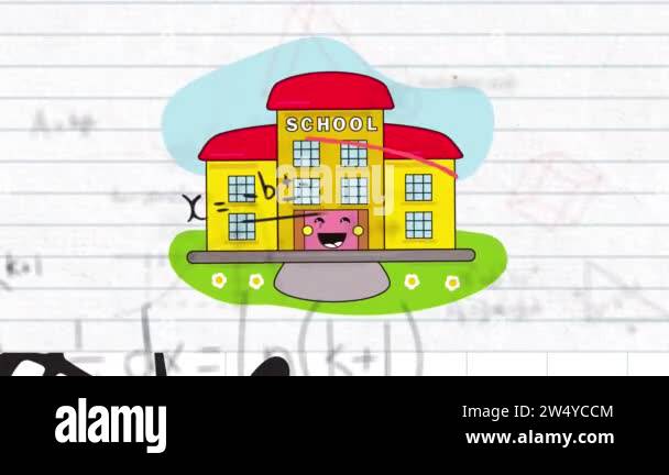 Mathematical symbols floating against school building icon on white ...