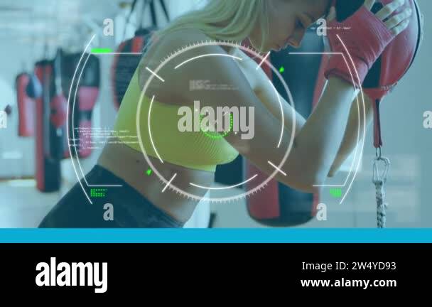 Animation of digital interface with scopes scanning and data processing over woman exercising ...