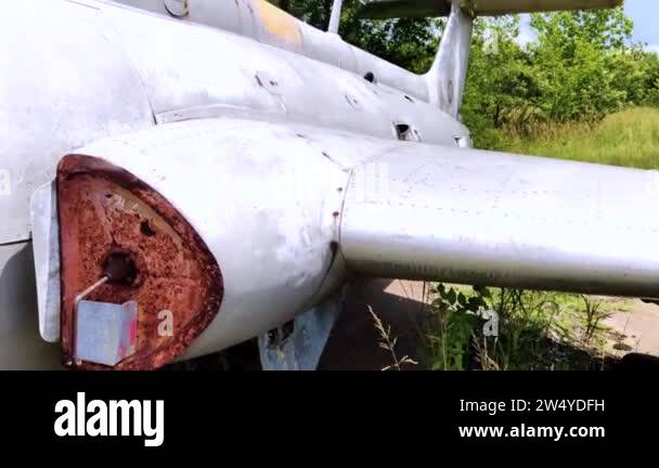 A close-up of an old wrecked passenger plane that has been ...