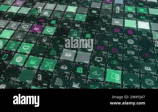 Abstract digital background of purple and green symbols of wifi, messages, internet, shopping ...
