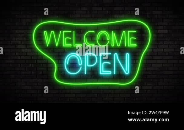 Welcome Open Neon Light on Brick Wall. Night Club Bar Blinking Neon ...
