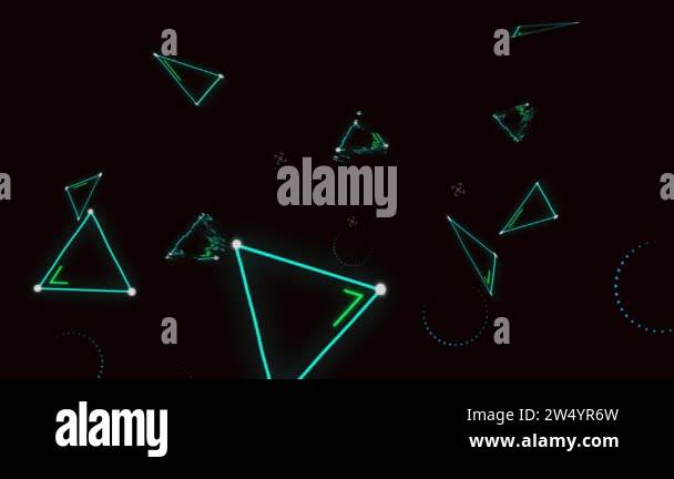 Animation of multiple flickering neon triangle shapes moving against black background. Global ...