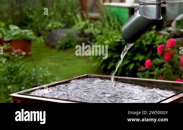 rainwater flowing out of the spillway into the water tank at ...