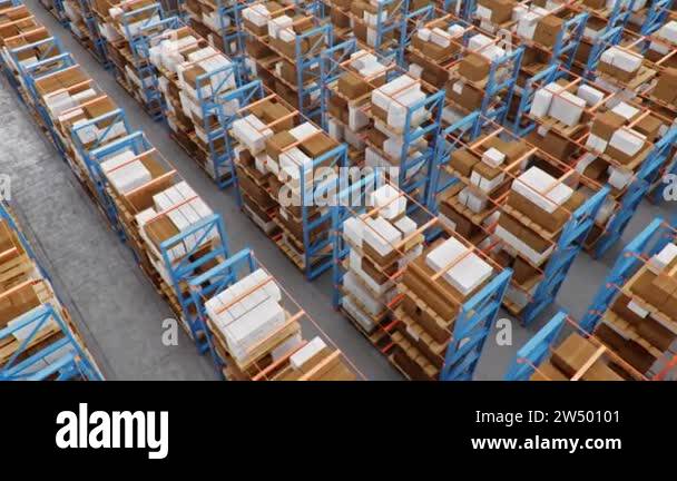 Warehouse with cardboard boxes inside on pallets racks, logistic center ...