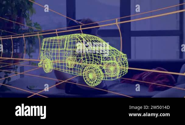 Animation of 3d technical drawing of van, over woman at home wearing vr ...