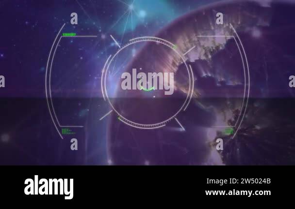Animation of circular scope scanning glowing globe with network of connections. global ...