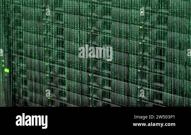 Binary code in front of an IT cloud backup system with traffic LED in a data center with text ...