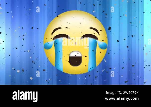 Animation of crying emoji icon on blue background with falling white ...